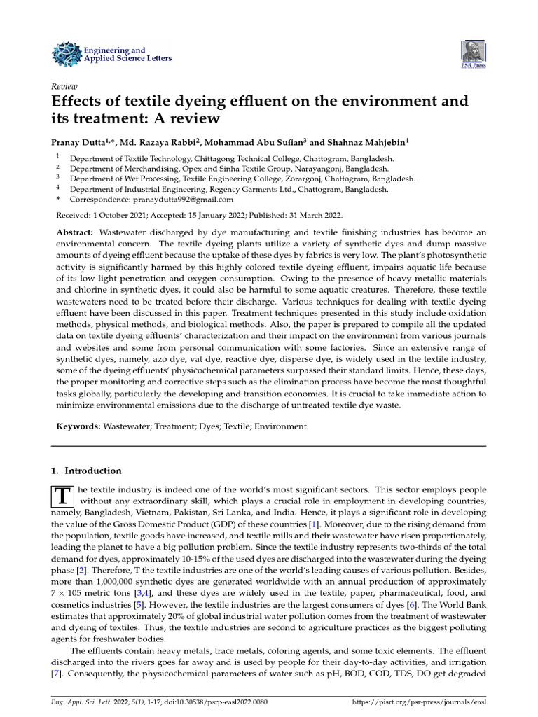 Effects of Textile Dyeing Effluent On The Environment and Its Treatment A Review | PDF