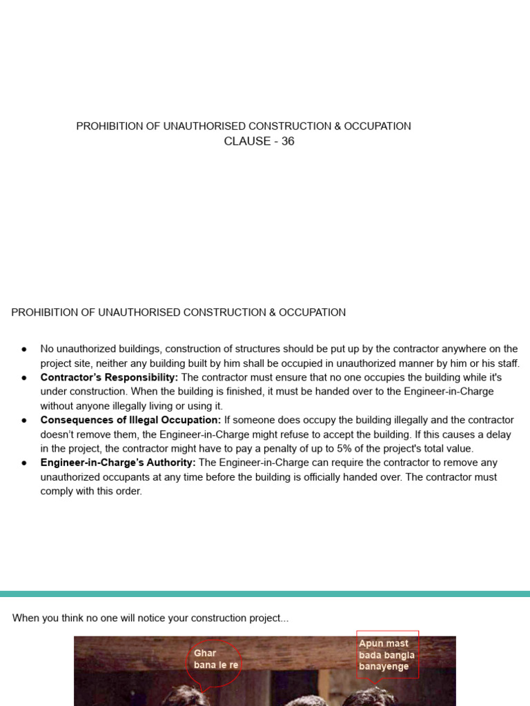 Clause - 36: Prohibition of Unauthorised Construction & Occupation | PDF