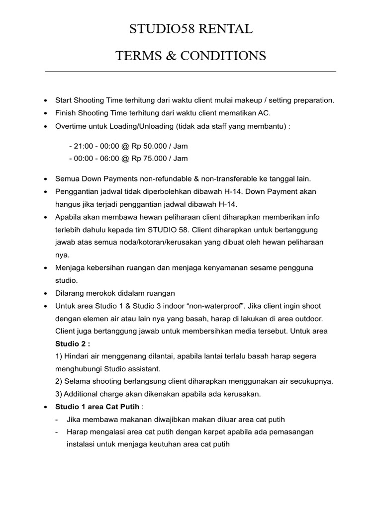 Studio58 Rental Terms | PDF