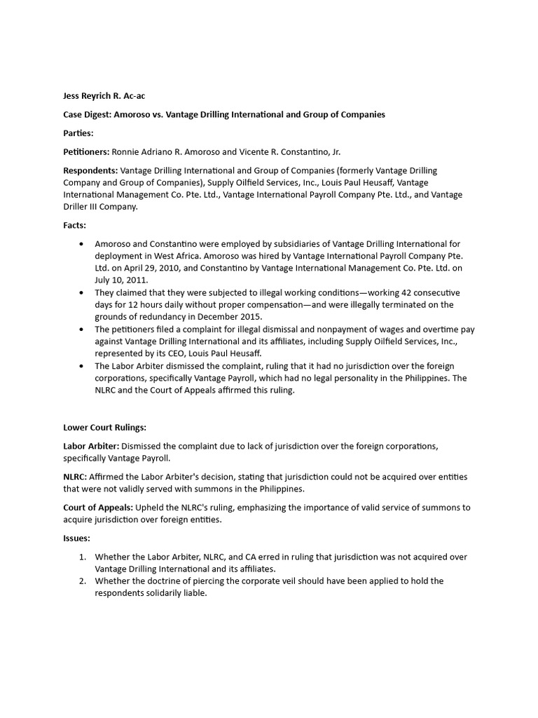 Case Digest - Amoroso vs. Vantage Drilling International and Group of Companies | PDF | Piercing ...