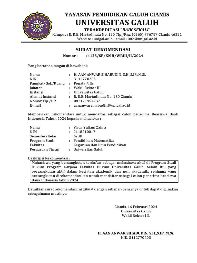 Surat Rekomendasi Universitas Galuh | PDF