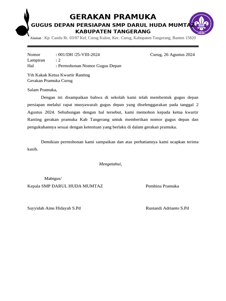 Surat Permohonan Nomor Gudep Pramuka DH | PDF