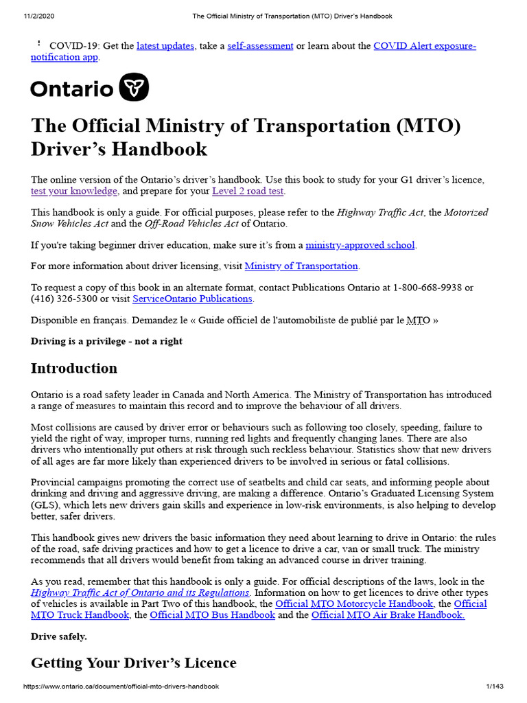 The Official Ministry of Transportation (MTO) Driver's Handbook | PDF