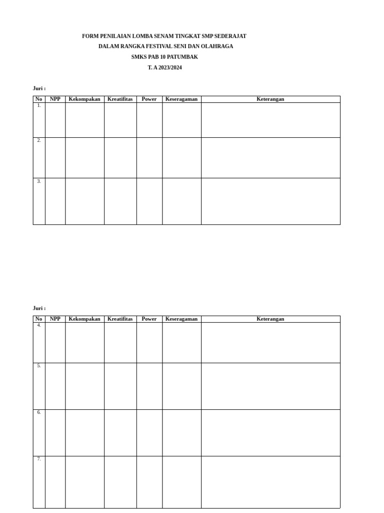 Form Penilaian Lomba Senam Tingkat Smp Sederajat | PDF