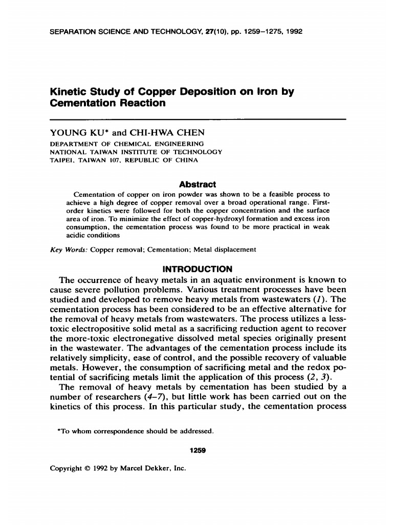 1992 Ku Kinetic Study of Copper Deposition On Iron by Cementation ...
