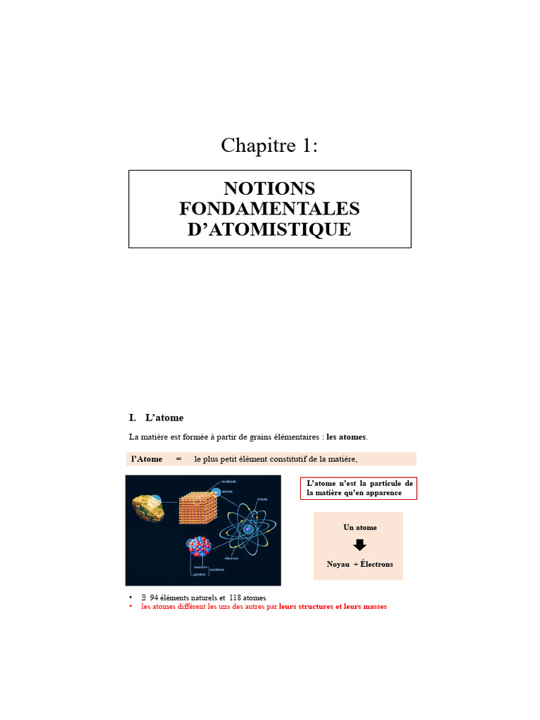 Chap 1 - Notions Fodemantales en Atomistique | PDF