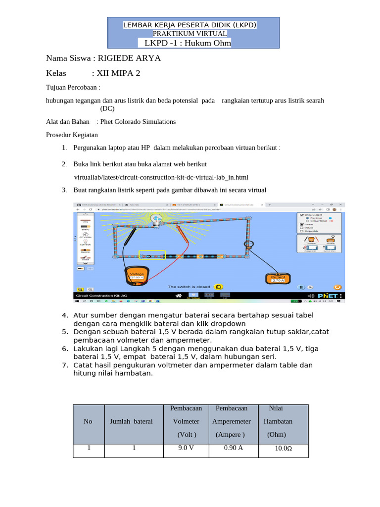 LKPD - Hukum Ohm Rigiede Arya 12 Mipa 2 | PDF