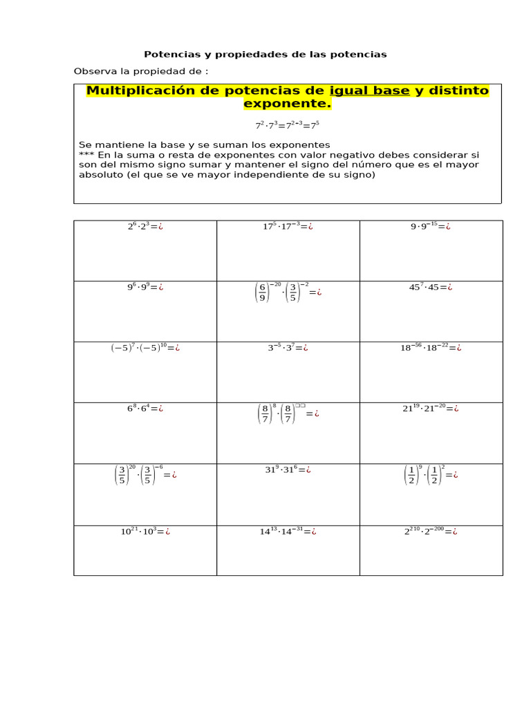 Guía de Potencias y Propiedades de Las Potencias | PDF | Entero ...