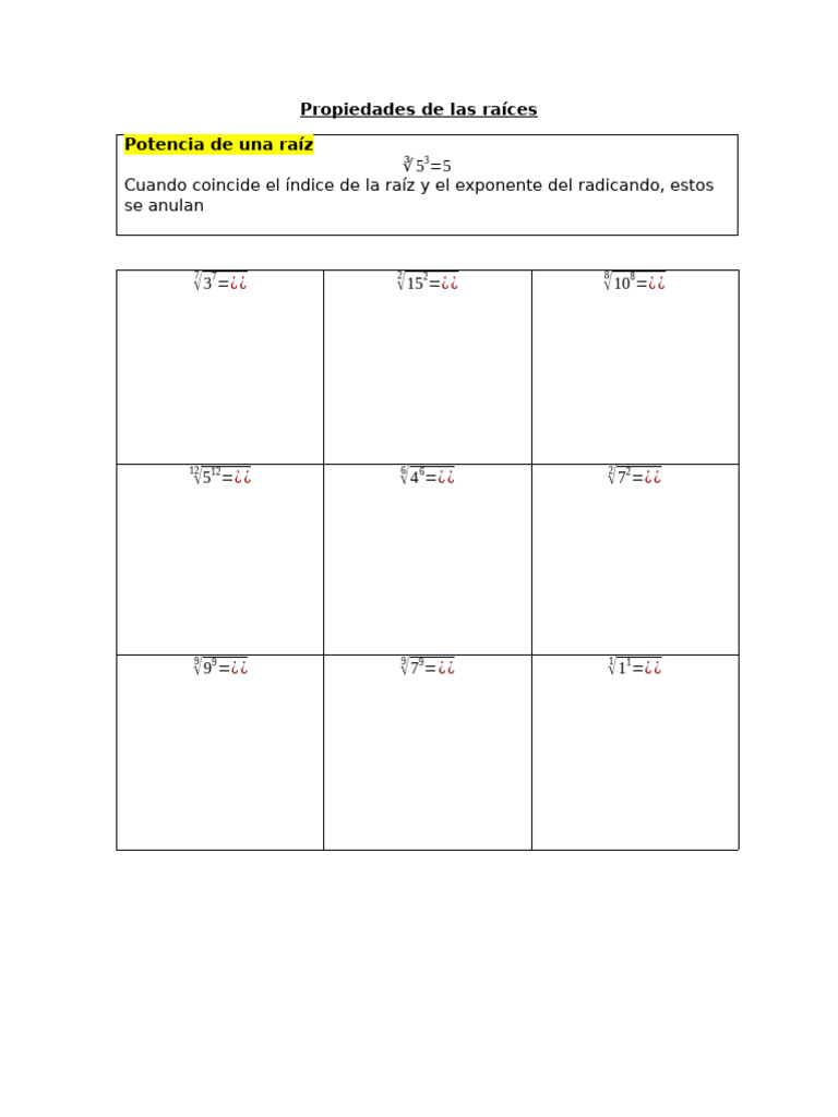 Propiedades y operaciones de raíces | PDF | Multiplicación | Métodos y ...