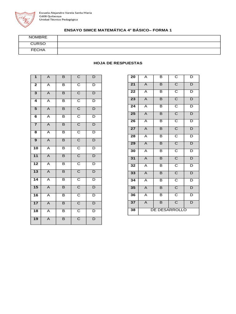 Hoja Respuesta SIMCE 4 MAT | PDF