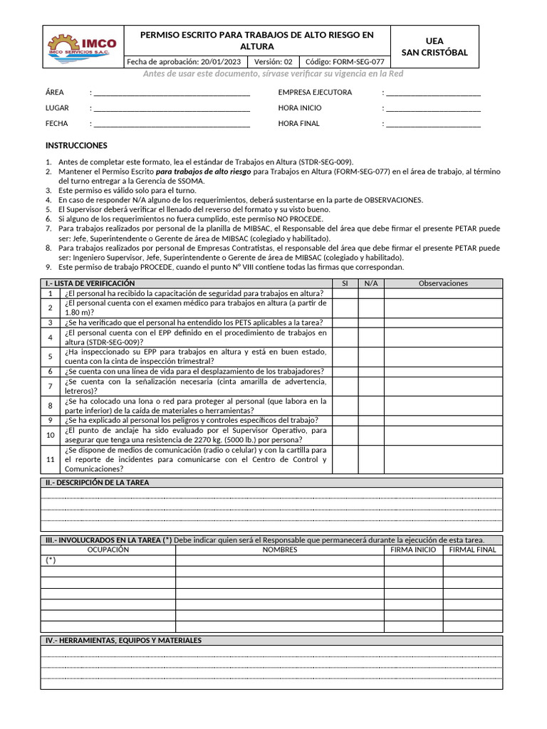 FORM-SEG-077 Permiso Escrito para Trabajos en Altura V2 | PDF | Tecnología
