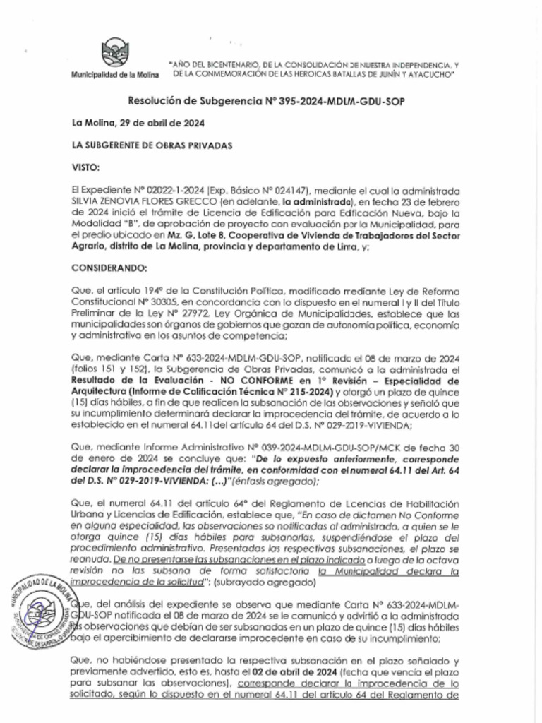 Resolución Subgerencial #395-2024-MDLM-GDU-SOP | PDF