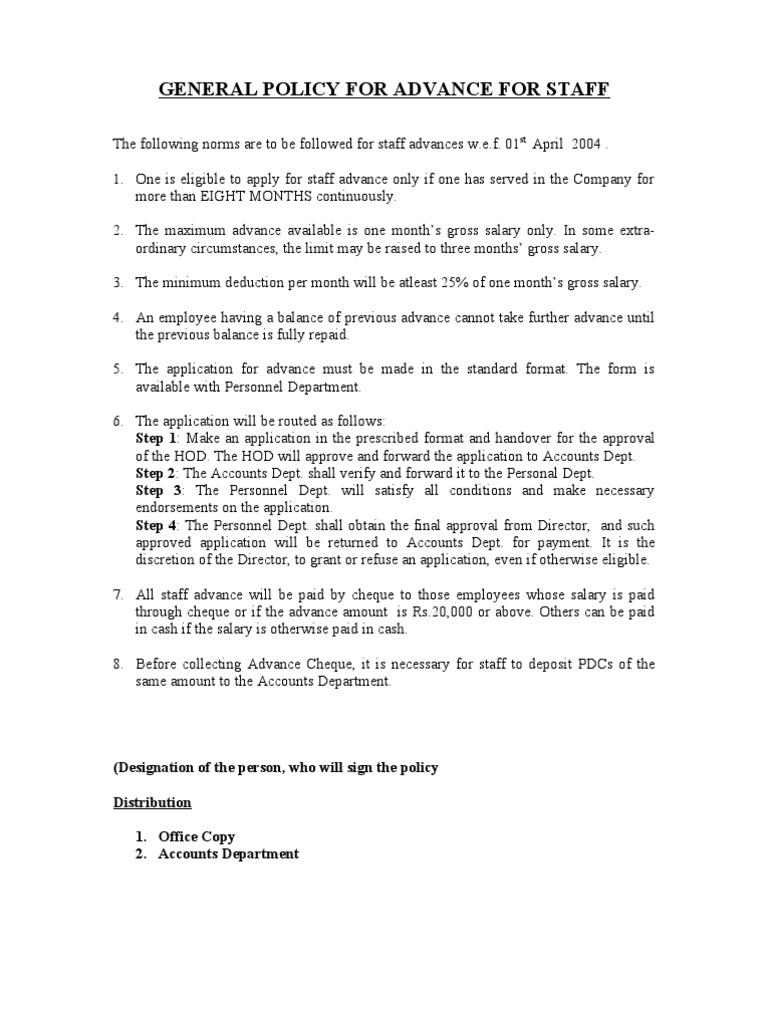 Staff Advance Policy Guide | PDF | Salary | Cheque