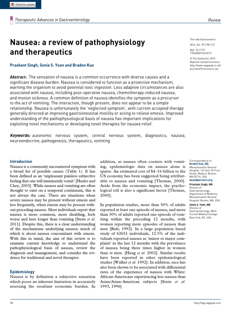Nausea A Review of Pathophysiology and Therapeutics | PDF