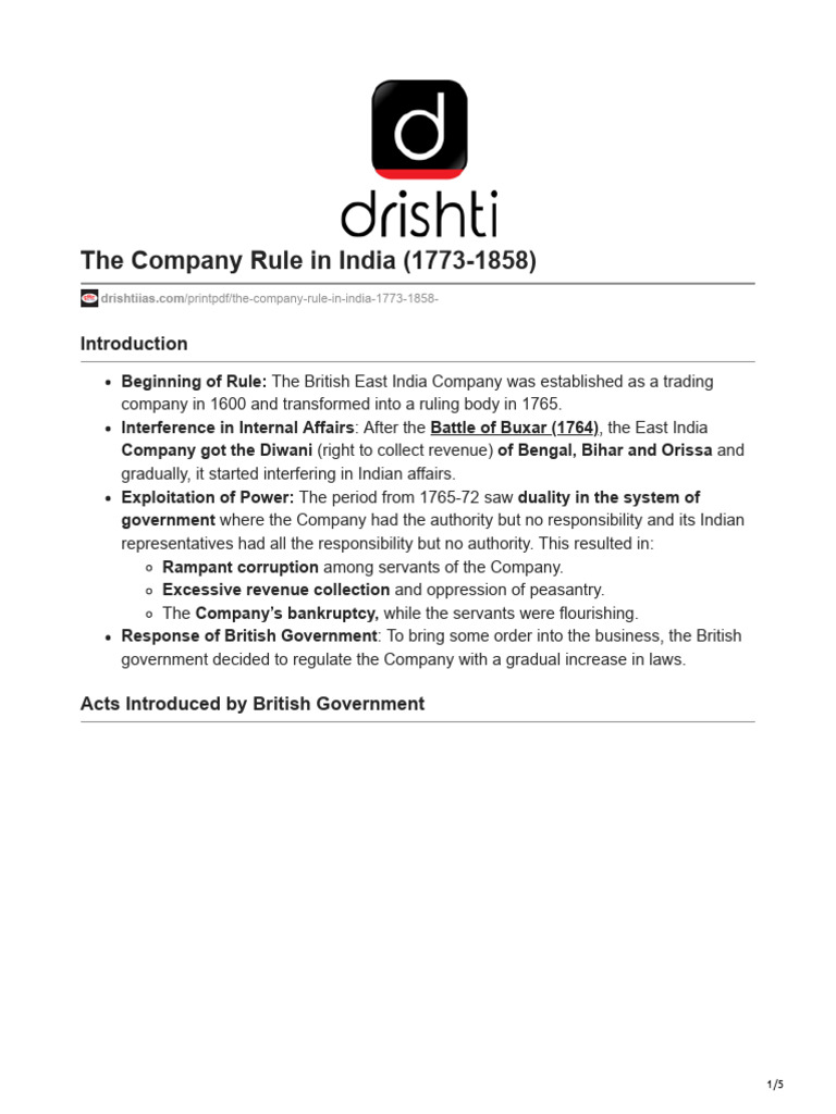 The Company Rule in India 1773 1858 | PDF