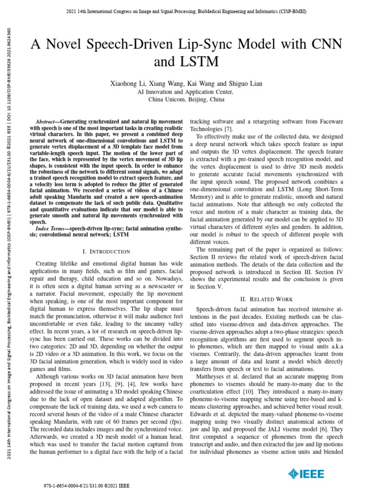 A Novel Speech-Driven Lip-Sync Model With CNN and LSTM | PDF | Speech Recognition | Artificial ...