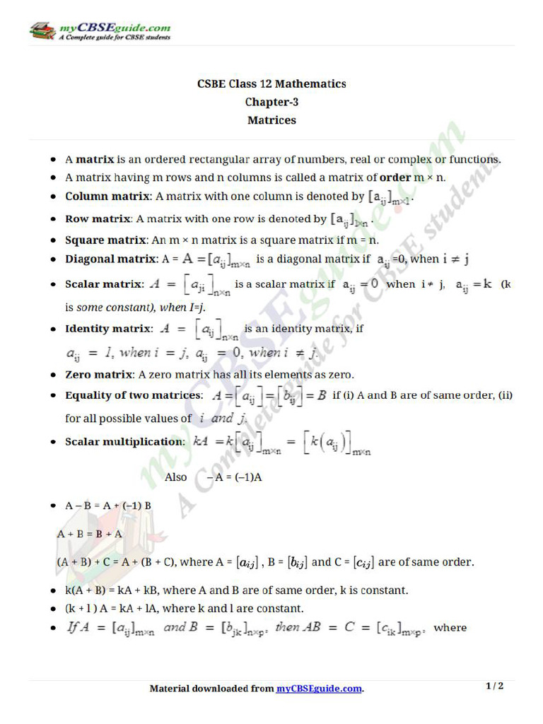 12 Maths Key Notes CH 03 Matrices | PDF