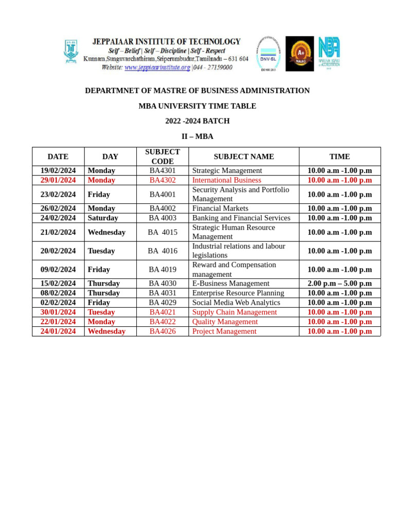 Mba University Time Table | PDF