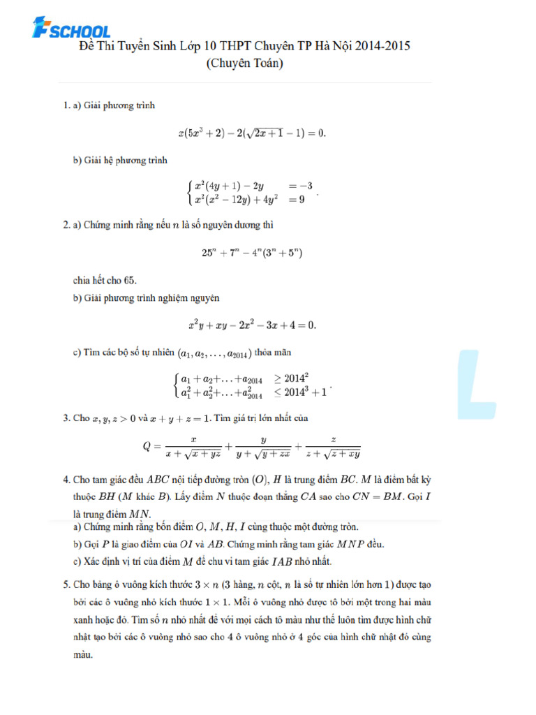 De Thi Tuyen Sinh Lop 10 THPT Chuyen Thanh Pho Ha Noi 2014 2015 Chuyen Toan b9fbc52591 | PDF