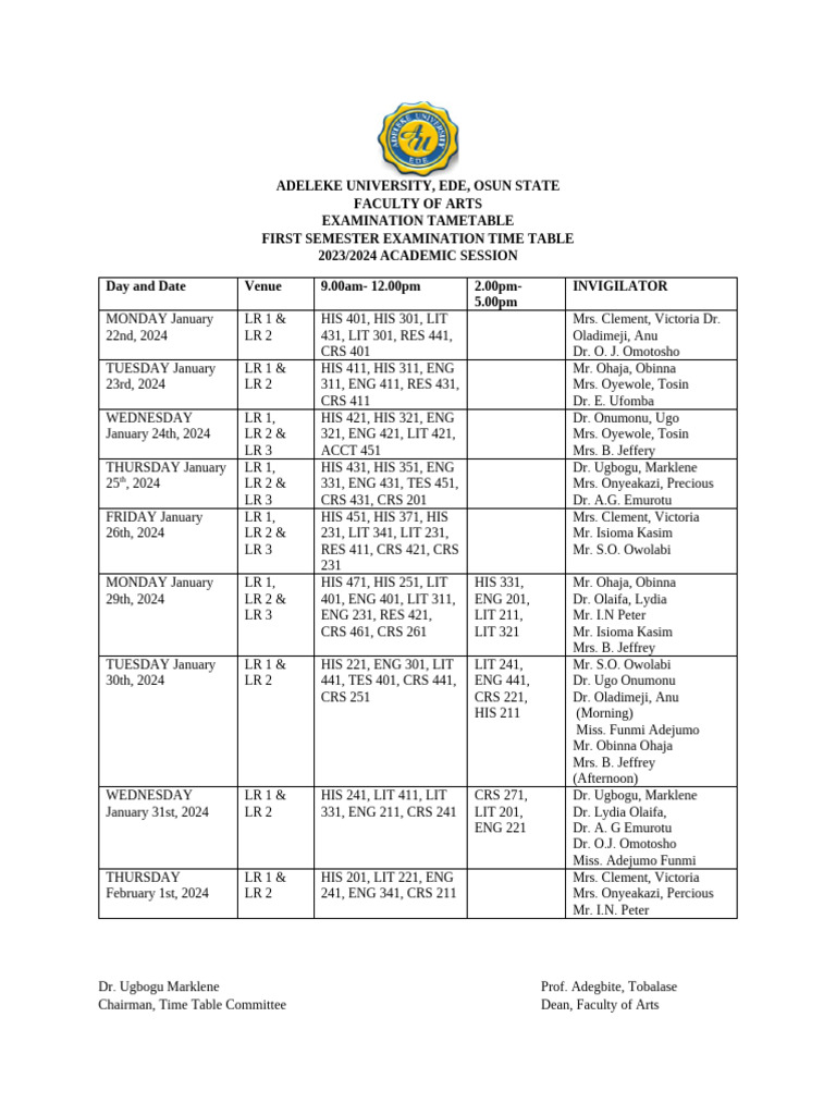 Faculty Final Exam Time Table 2023 2024 | PDF
