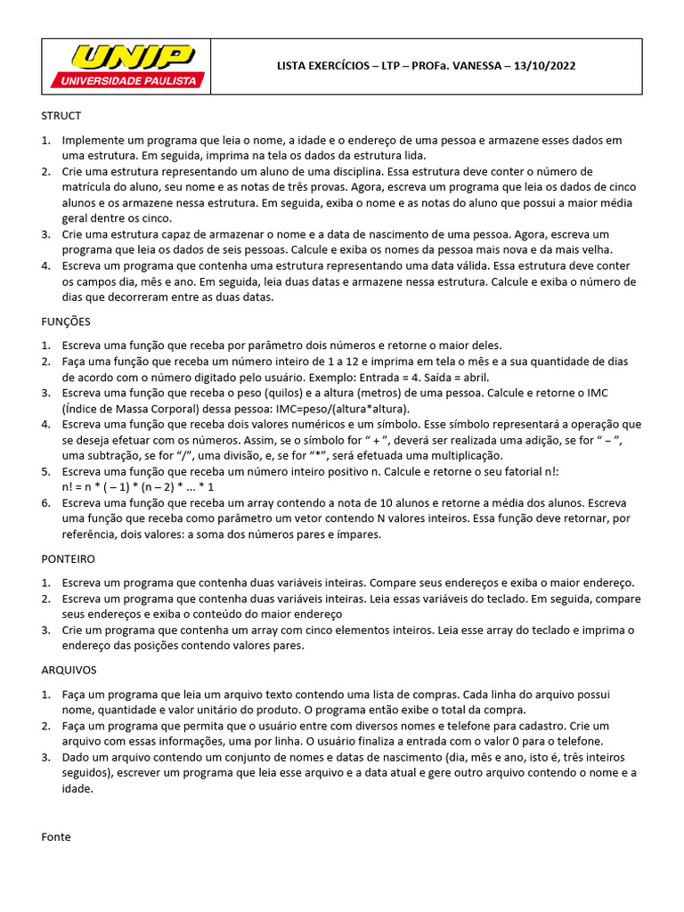 LISTA_EXERCICIOS_PARA_ENTREGAR | PDF
