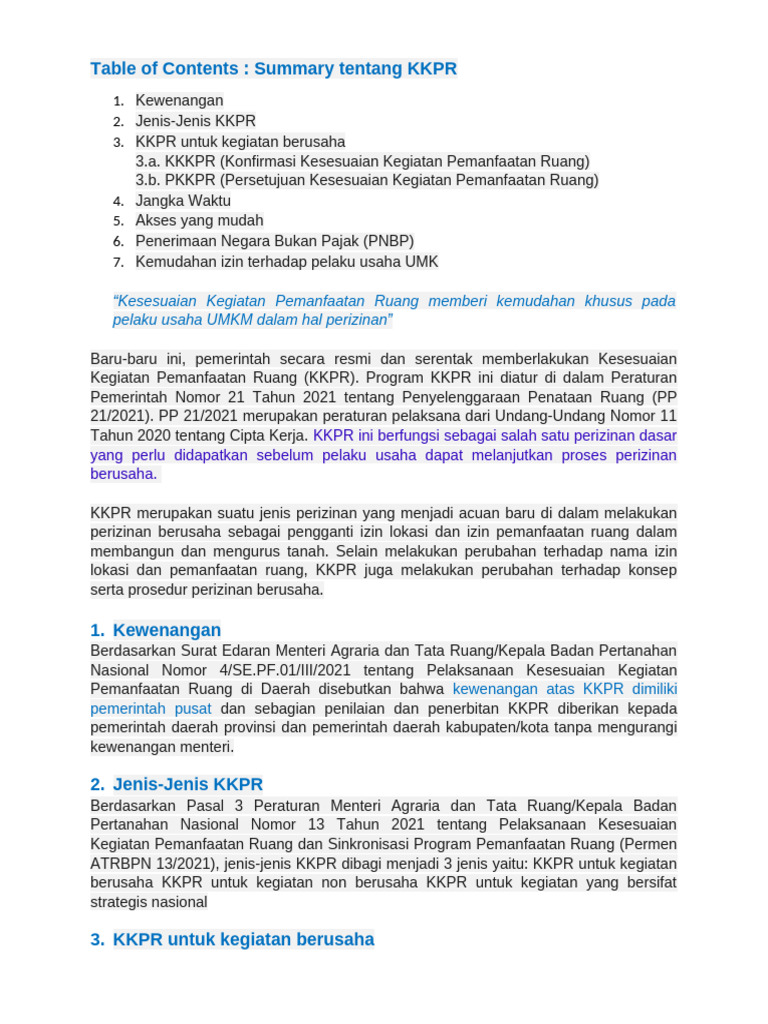 Summary Tentang Peraturan KKPR | PDF