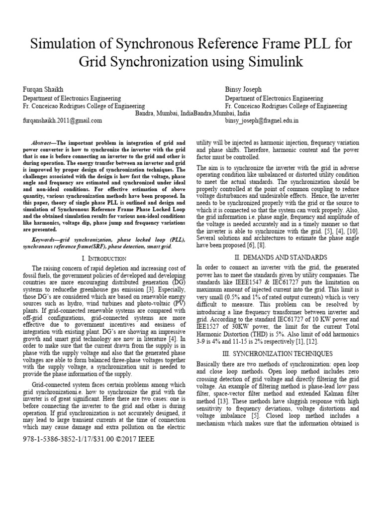 Simulation of Synchronous Reference Frame PLL For Grid Synchronization Using Simulink | PDF