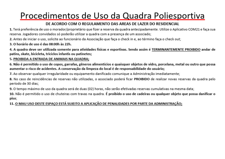 Procedimentos de Uso Da Quadra | PDF