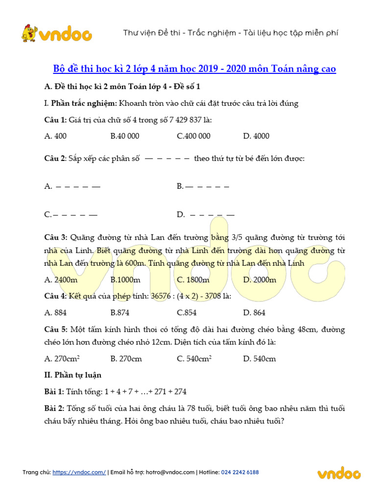 Bo de Thi Hoc Ki 2 Lop 4 Nam Hoc 2019 2020 Mon Toan Nang Cao | PDF