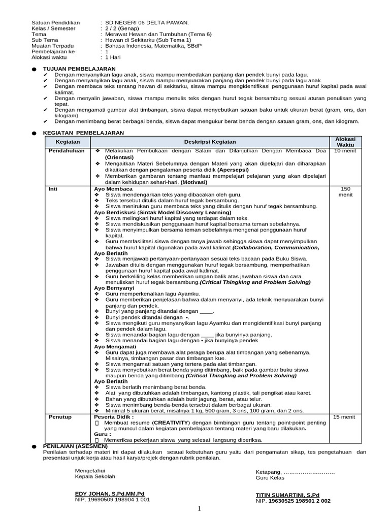 RPP 1 Lembar Kelas 2 Tema 6 | PDF