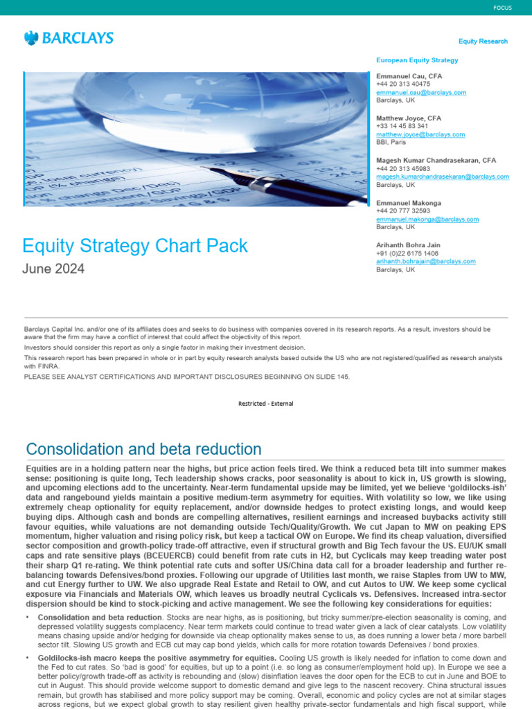 Barclays - Emmanuel Cau - Equity Strategy Chart Pack June 2024 | PDF