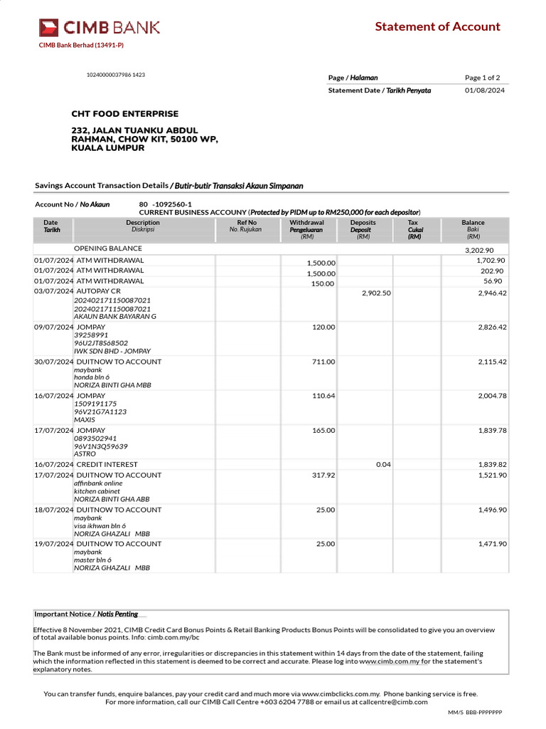 Cimb Bank Statement 7 - 2024 | PDF