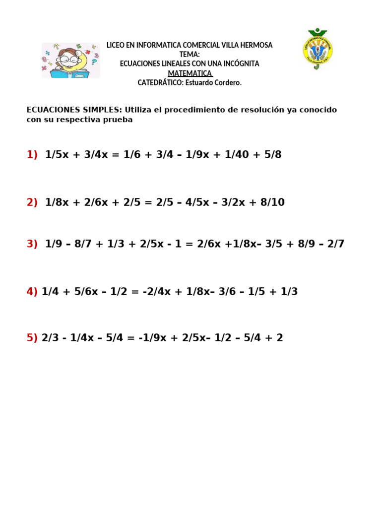 Ecuaciones Lineales Con Fracciones | PDF Ecuaciones Lineales Con Fracciones | PDF