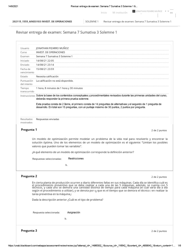 Revisar Entrega de Examen - Semana 7 Sumativa 3 Solemne 1 &.. | PDF
