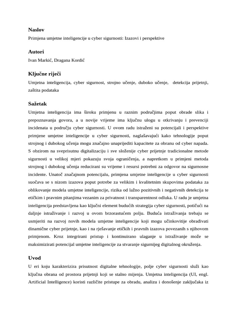 Primjena Umjetne Inteligencije U Cyber Sigurnosti - Izazovi I Perspektive | PDF