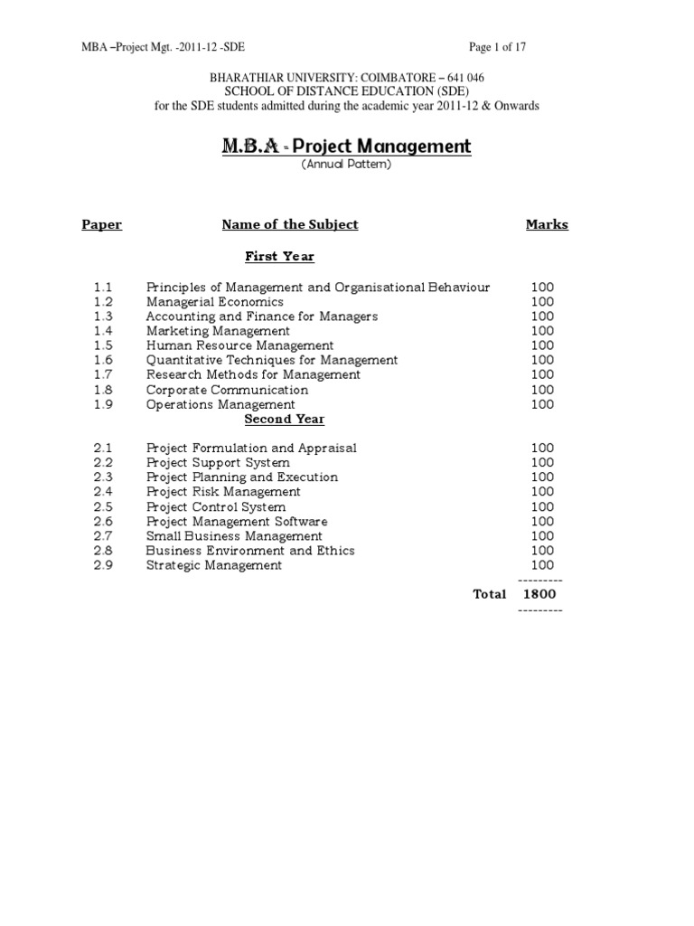 Mba Project Management Syllabus 2011 | PDF | Strategic Management ...