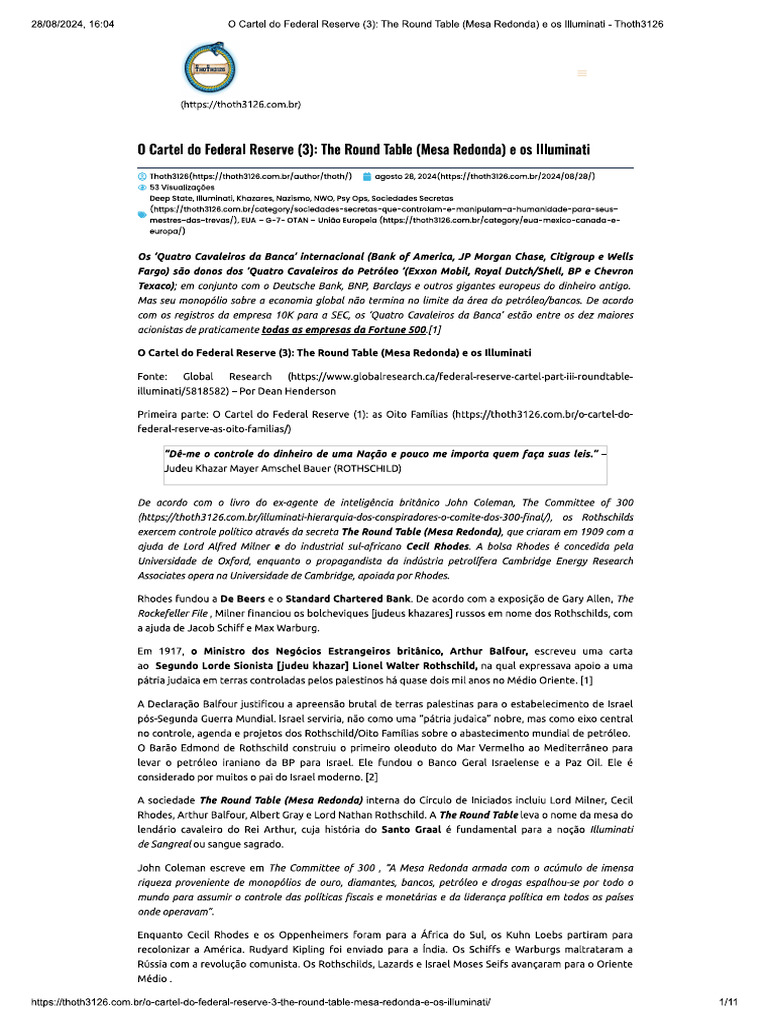O Cartel do Federal Reserve (3) The Round Table (Mesa Redonda) e os ...