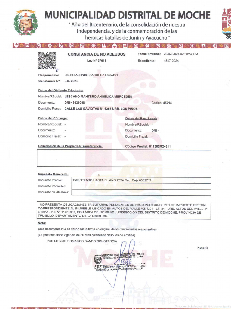 Constancia de No Adeudo Impuesto Predial 2024 | PDF