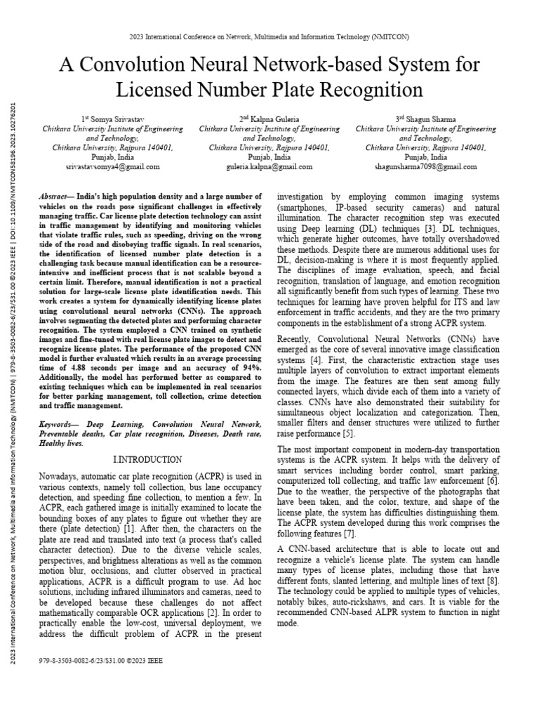 A Convolution Neural Network-Based System For Licensed Number Plate Recognition | PDF