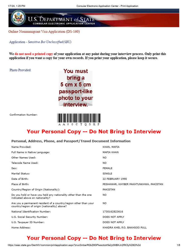 Consular Electronic Application Center - Print Application | PDF