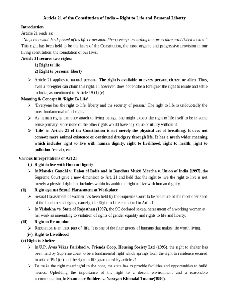 Article 21 of The Constitution of India | PDF | Justice | Crime & Violence