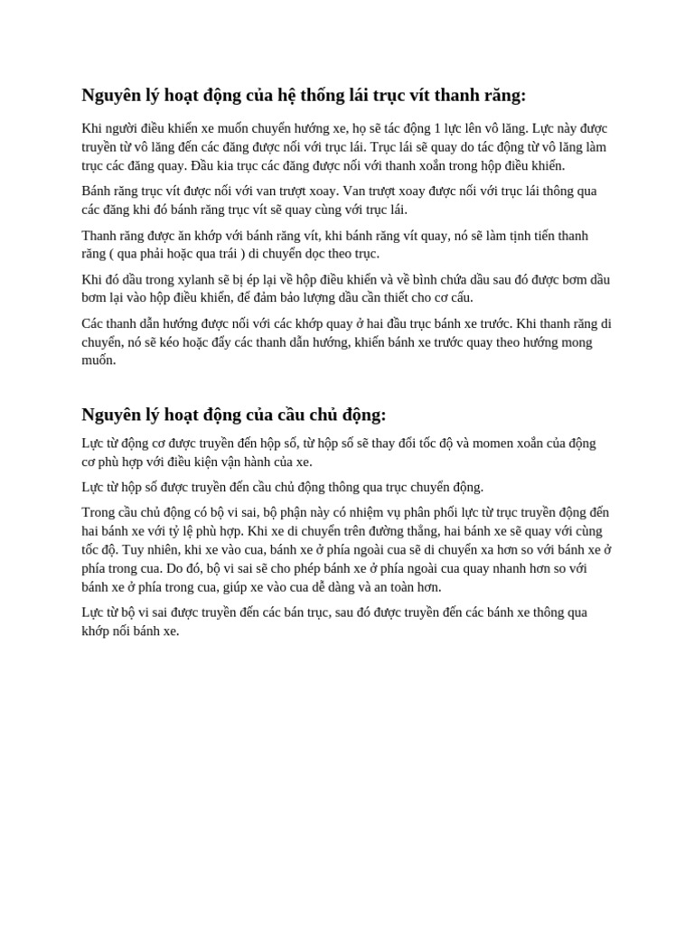 Nguyên Lý Hoạt Động Của Hệ Thống Lái Trục Vít Thanh Răng | PDF
