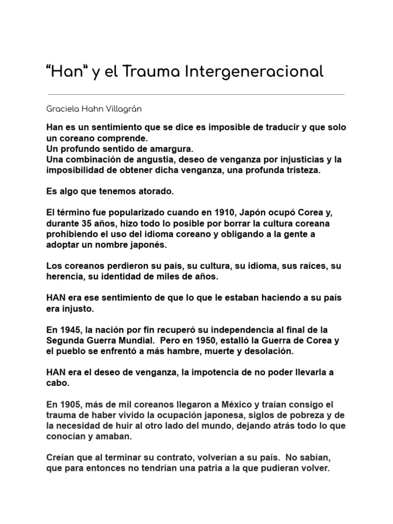 Han y El Trauma Intergeneracional | PDF | Trauma psicólogico | Ciencias ...