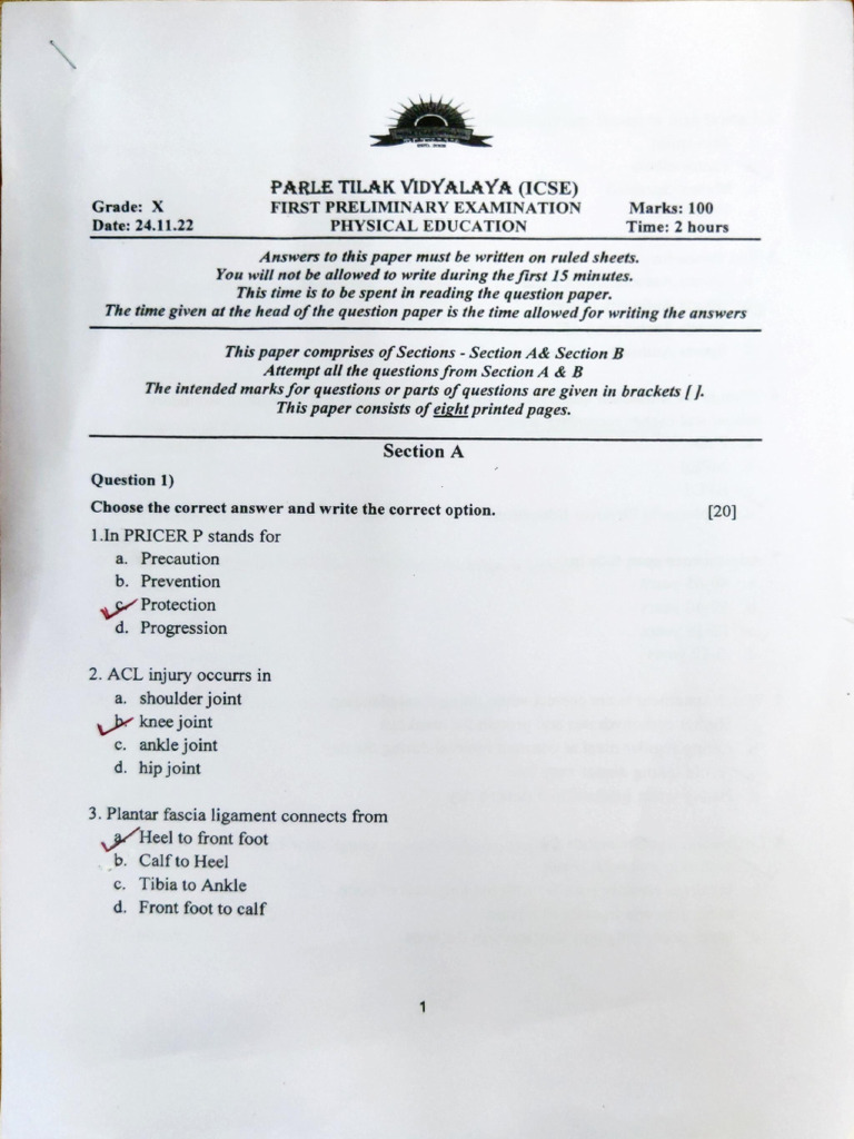 Revised MCQ - S Answers of PARLE TILAK First Prelim | PDF