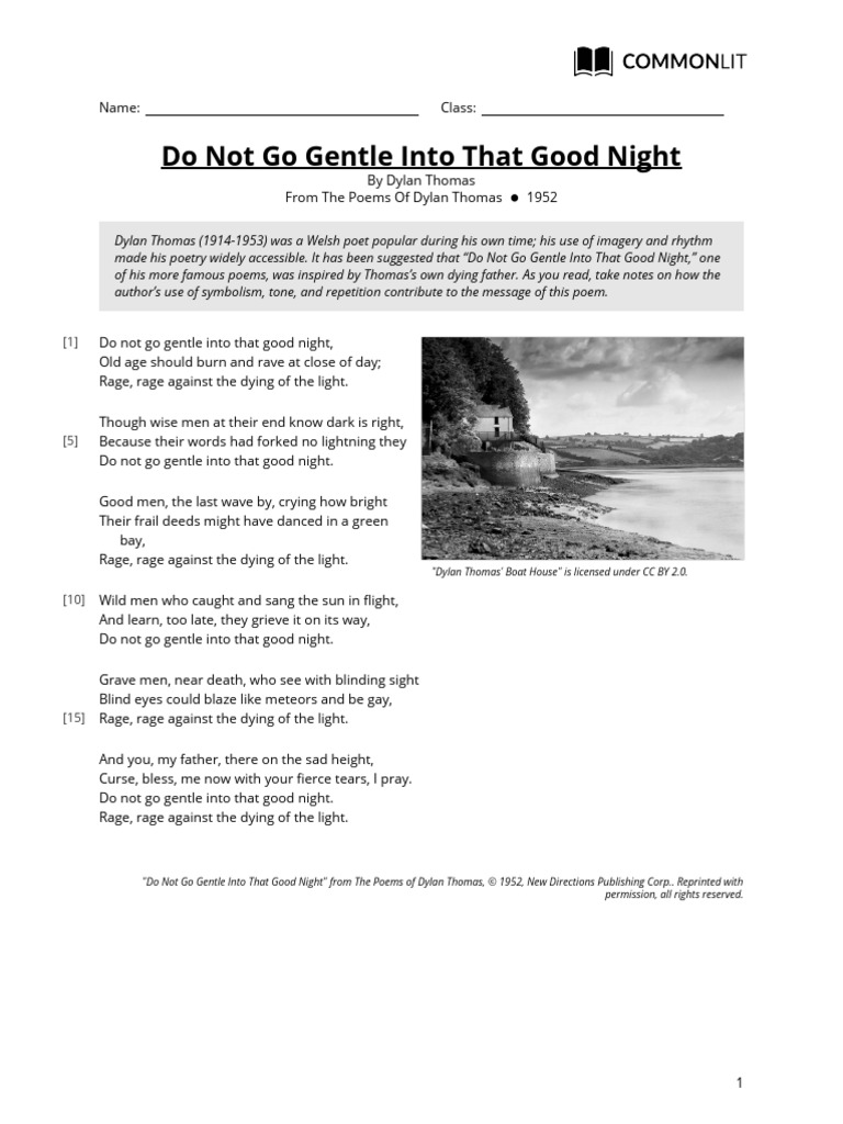 CommonLit - Do Not Go Gentle Into That Good Night | PDF
