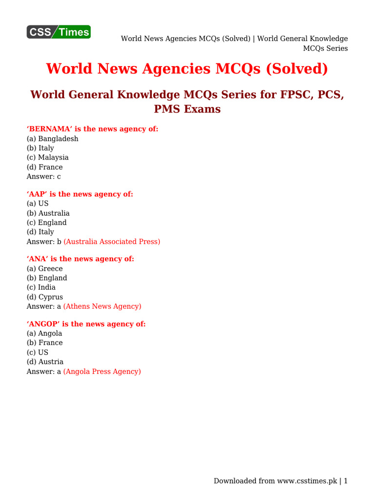 World News Agencies MCQs (Solved) - World General Knowledge MCQs Series | PDF