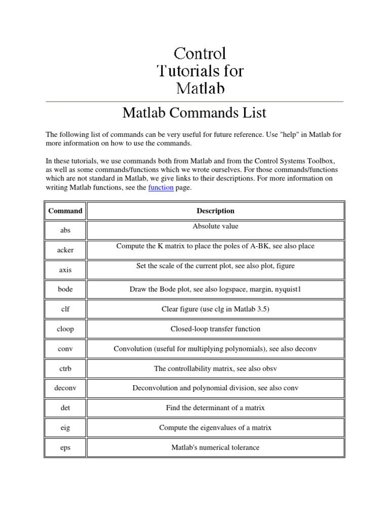 Control Matlab Commands List | PDF | Matrix (Mathematics) | Linear Algebra