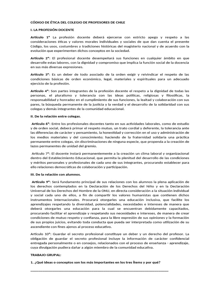 Código de Ética Del Colegio de Profesores de Chile | PDF