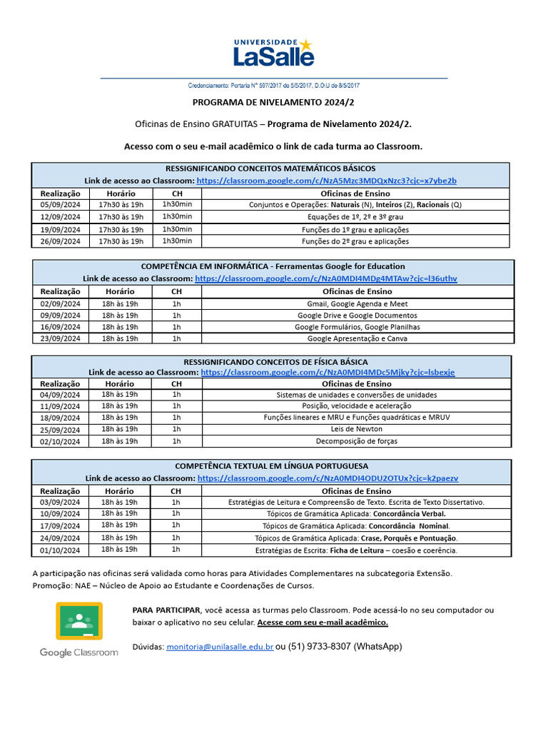 Cronograma Programa de Nivelamento 2024-2 | PDF