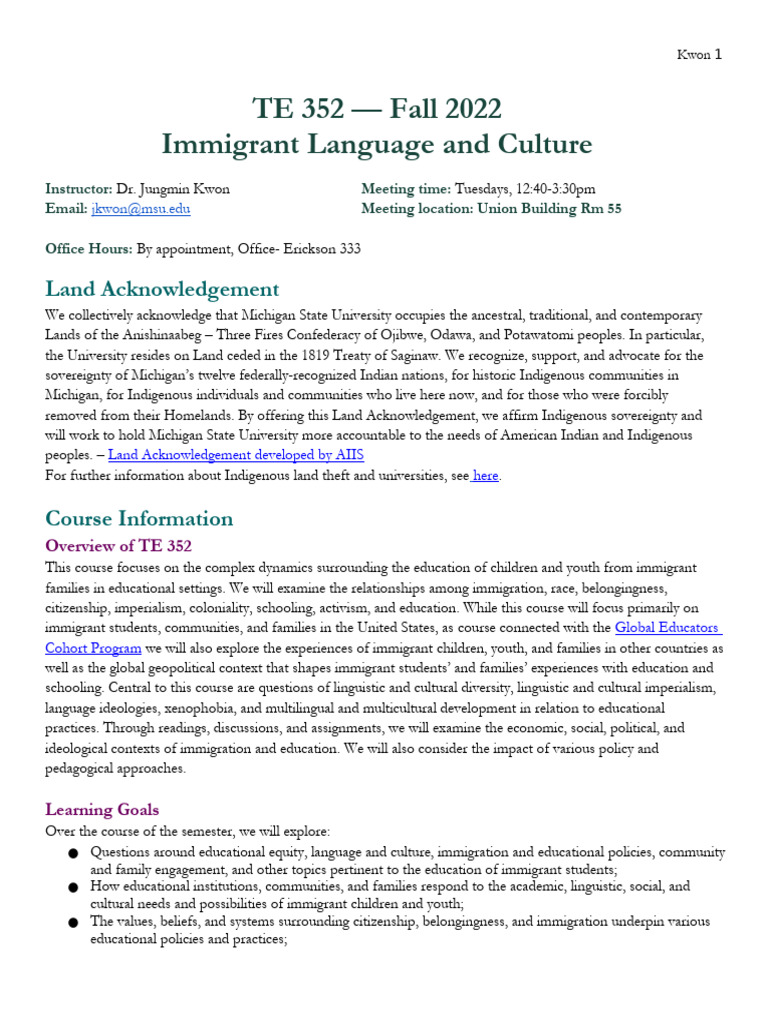 (Fall 2022) TE 352 Syllabus - Kwon | PDF | Teachers | Multilingualism